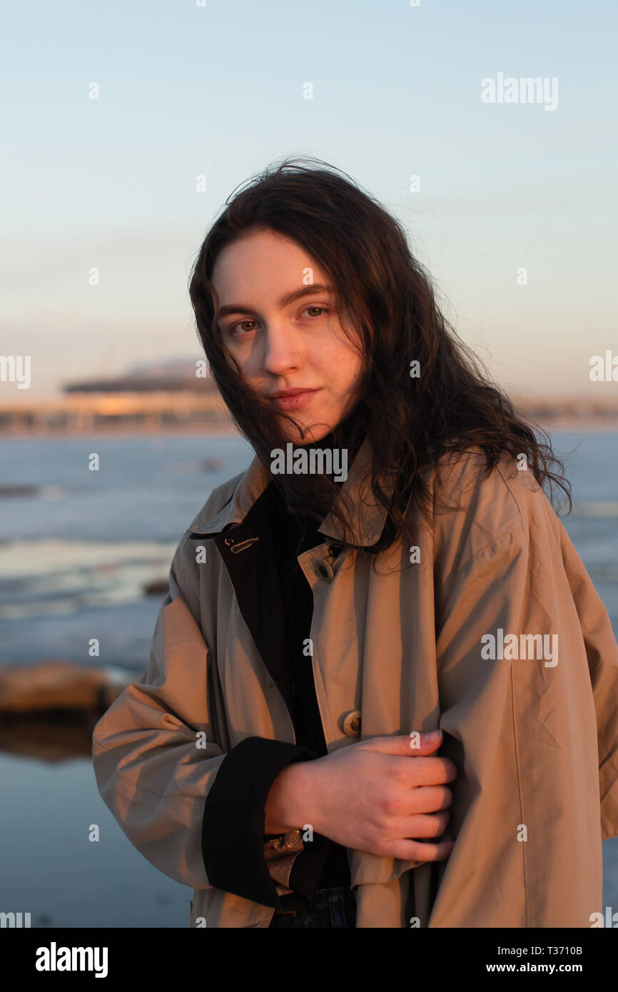 Portrait of the beautiful girl. Photo shoot near river at winter Stock ...