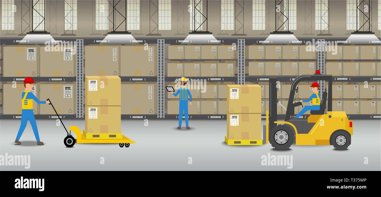 Warehouse interior with workers working flat design vector illustration ...