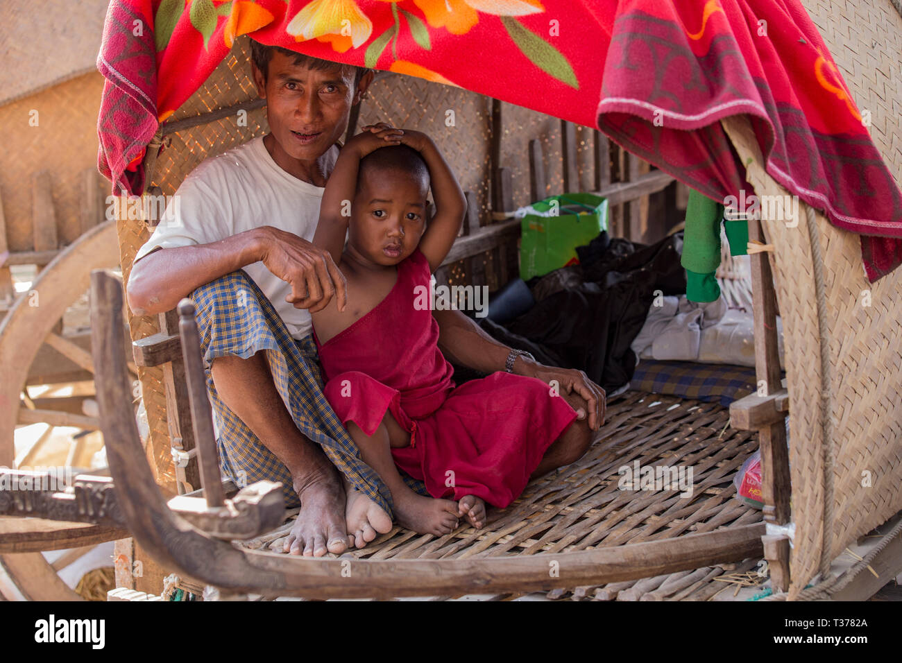 Father and novice Buddhist monk in oxcart at the Vesak full moon ...