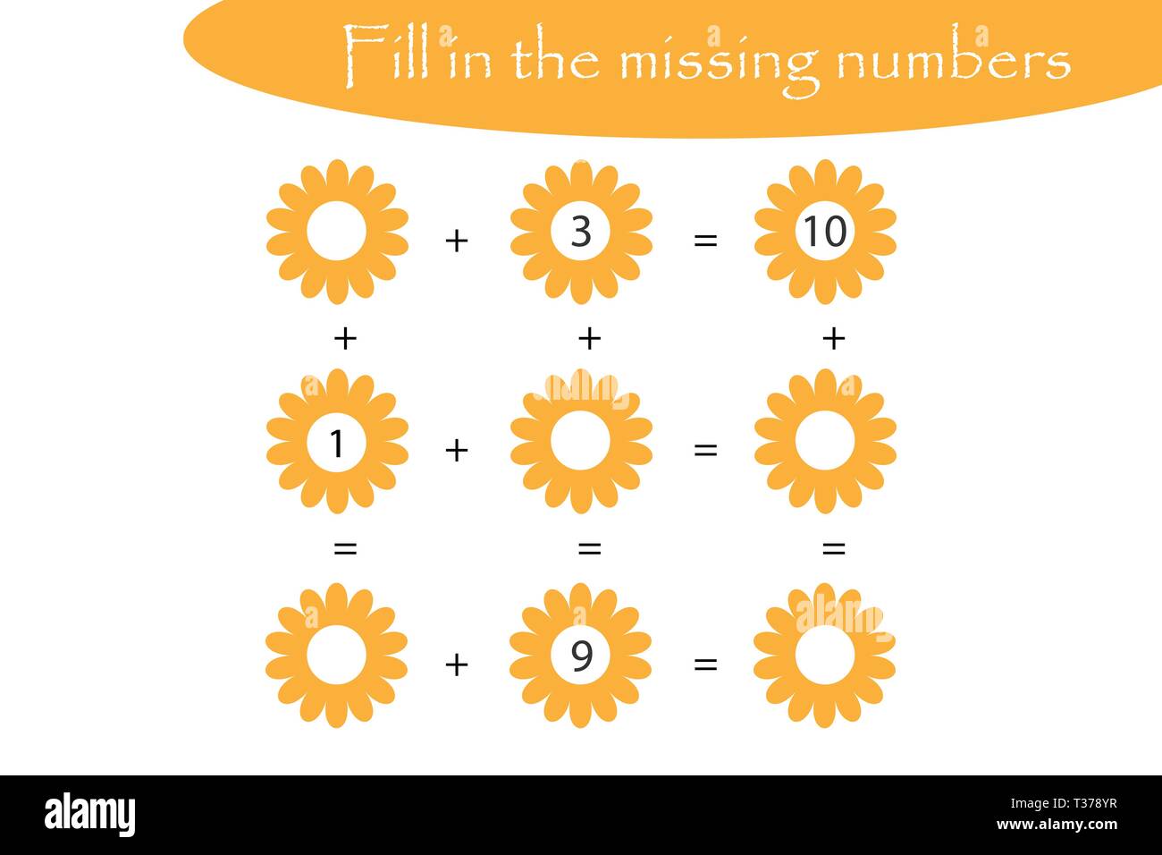 Mathematics game with flowers for children, fill in the missing numbers ...