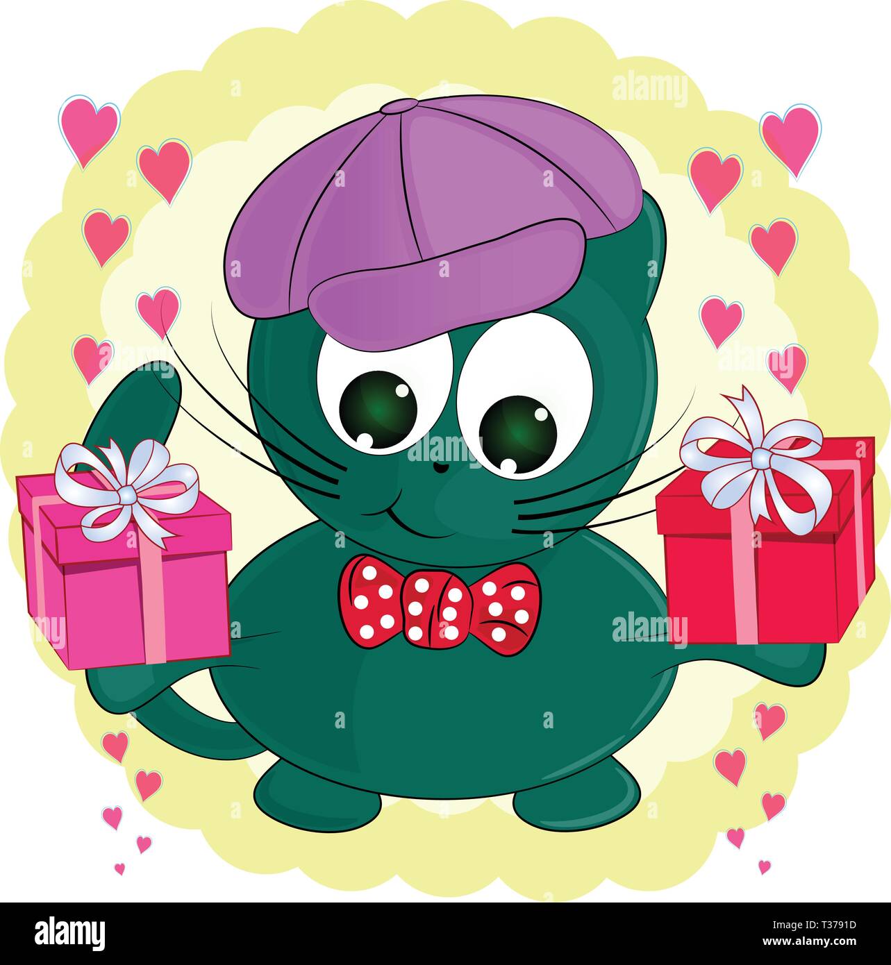 cute cartoon cat with gifts. greeting card. vector illustration Stock ...