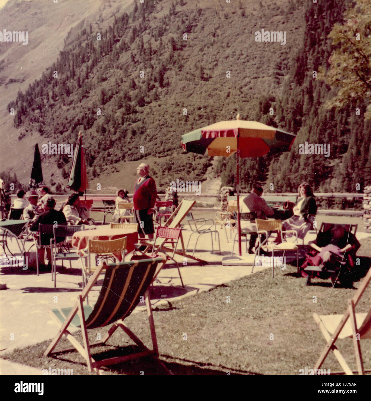 Mountain terrace sun bathing, 1970s Stock Photo - Alamy