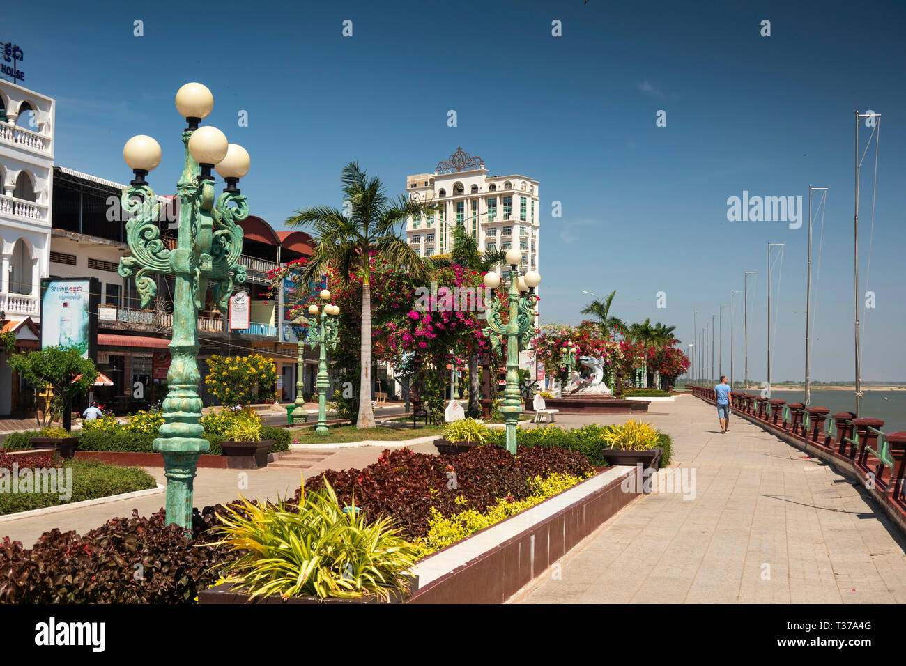 Cambodia, Kampong (Kompong) Cham, River Mekong riverside promenade ...
