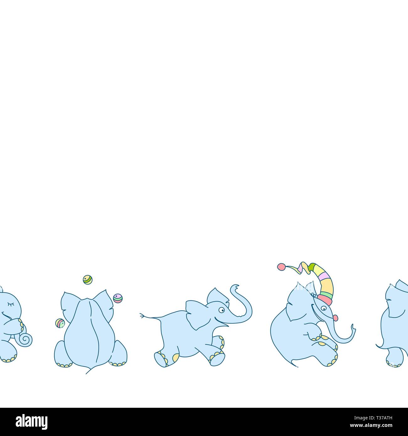 Vector seamless border of cute cartoon elephants on white background ...