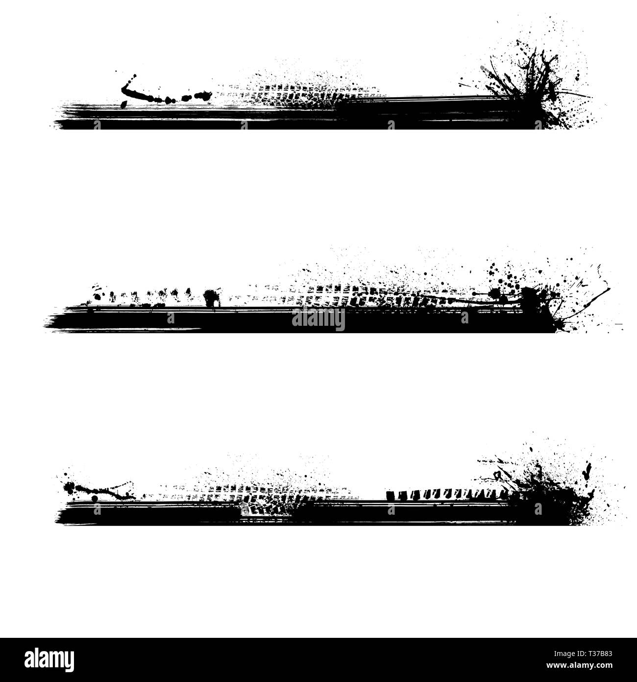 Set of three black grunge horizontal frames with tire tracks isolated ...