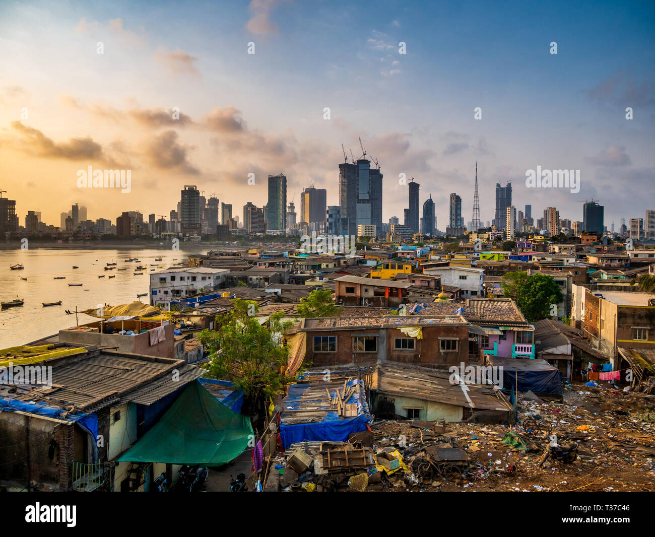 Mumbai, India - March 31, 2019 : A fisherman colony in the background ...