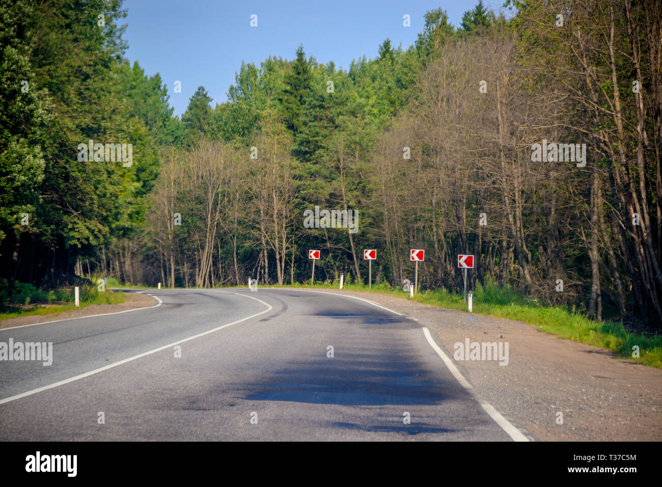 Summer asphalt road. Russian road. Road turn. Travelling by car Stock ...