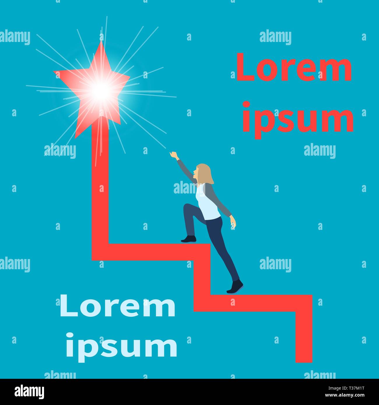 Woman in full growth on career success ladder. Star at the top of the ...
