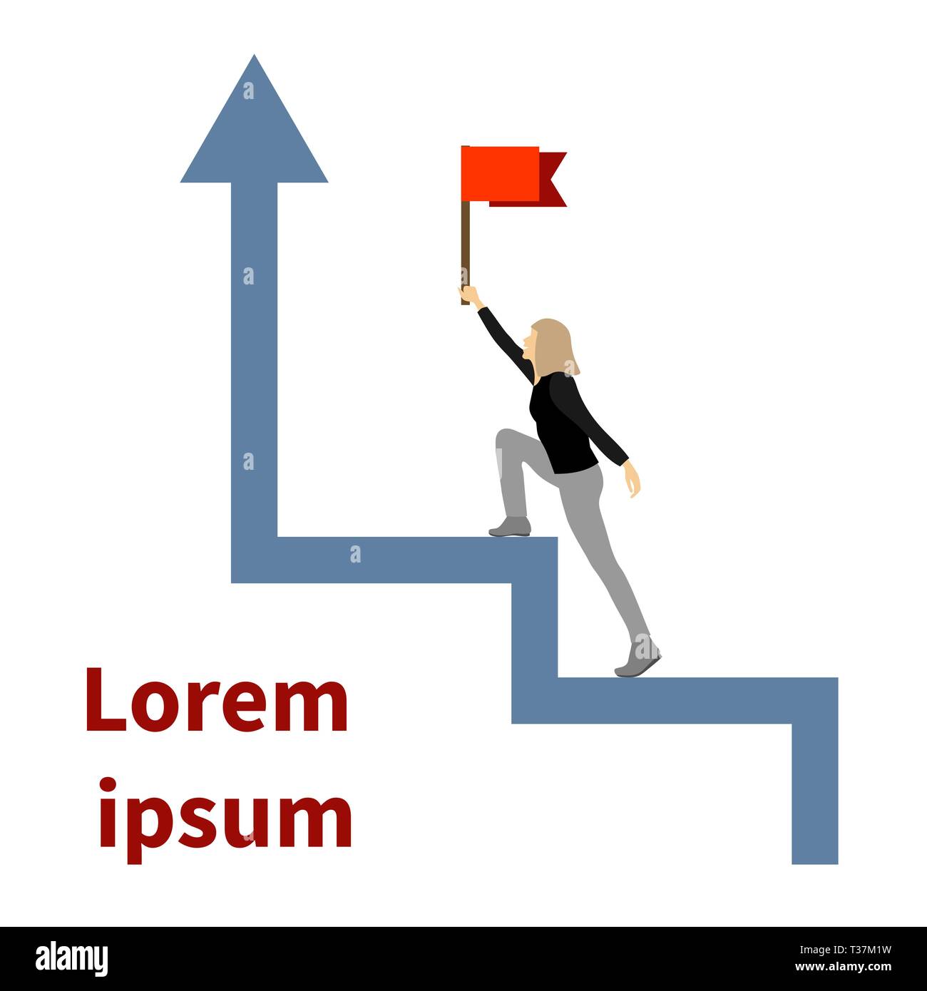 A full-length young woman holds a flag in her hand. Girl climbs up on ...