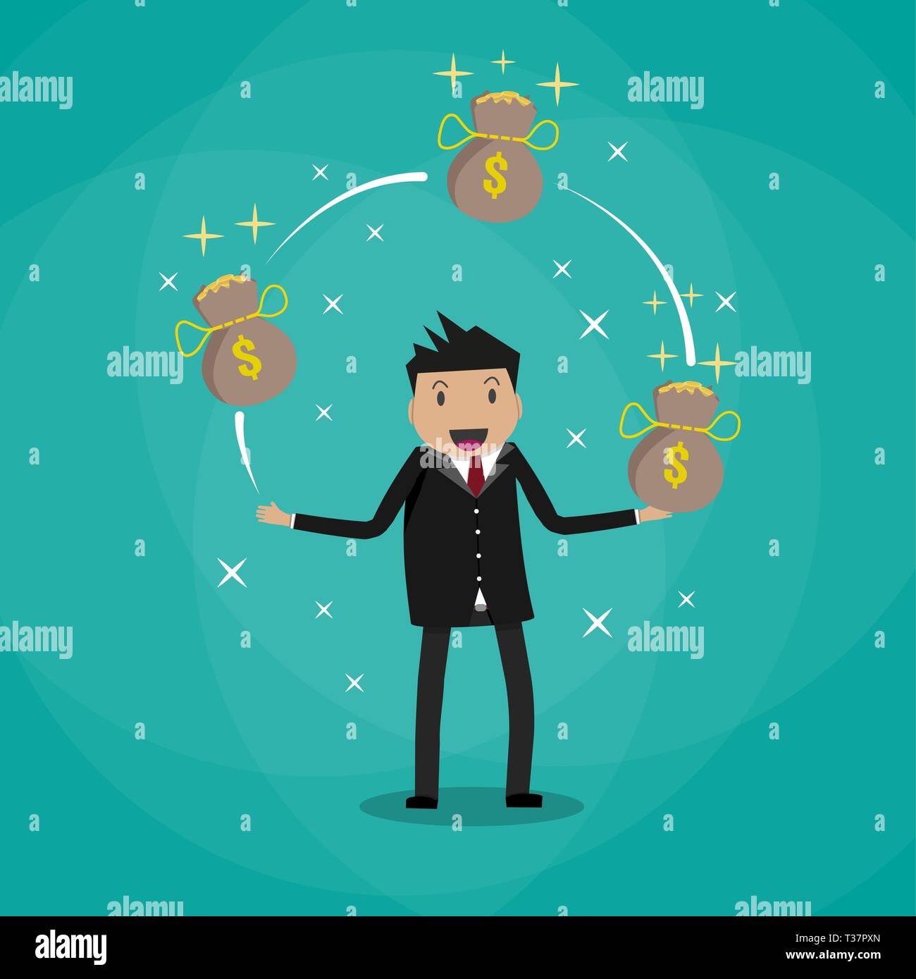 Happy Cartoon businessman juggling with money bags full of gold coins ...