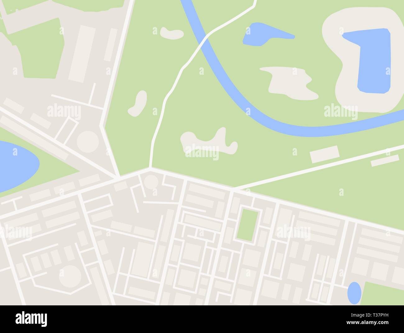 Abstract generic city map with roads, buildings, parks, river. vector ...