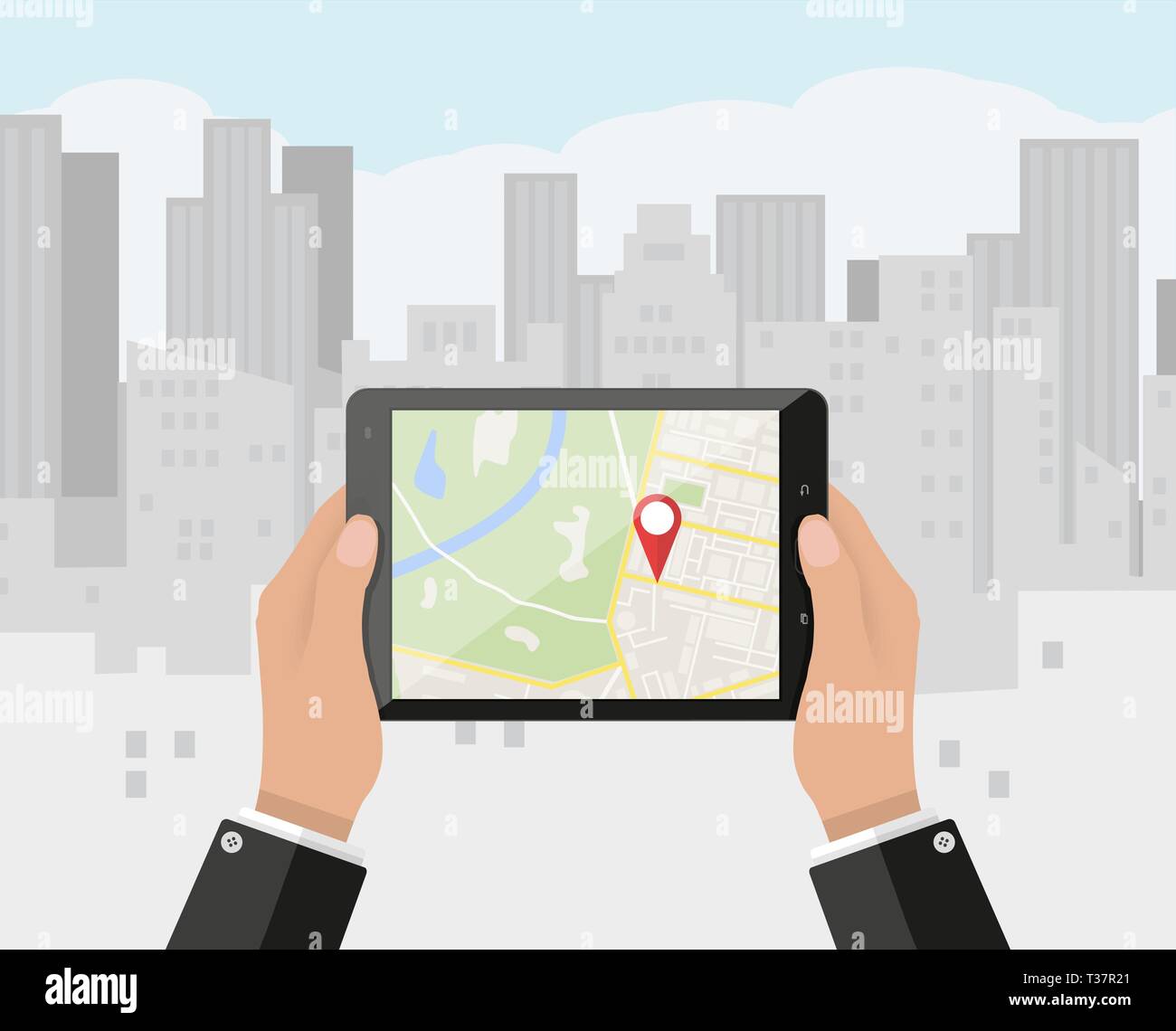 Cartoon hand holds smartphone or tablet pc with navigation app against ...