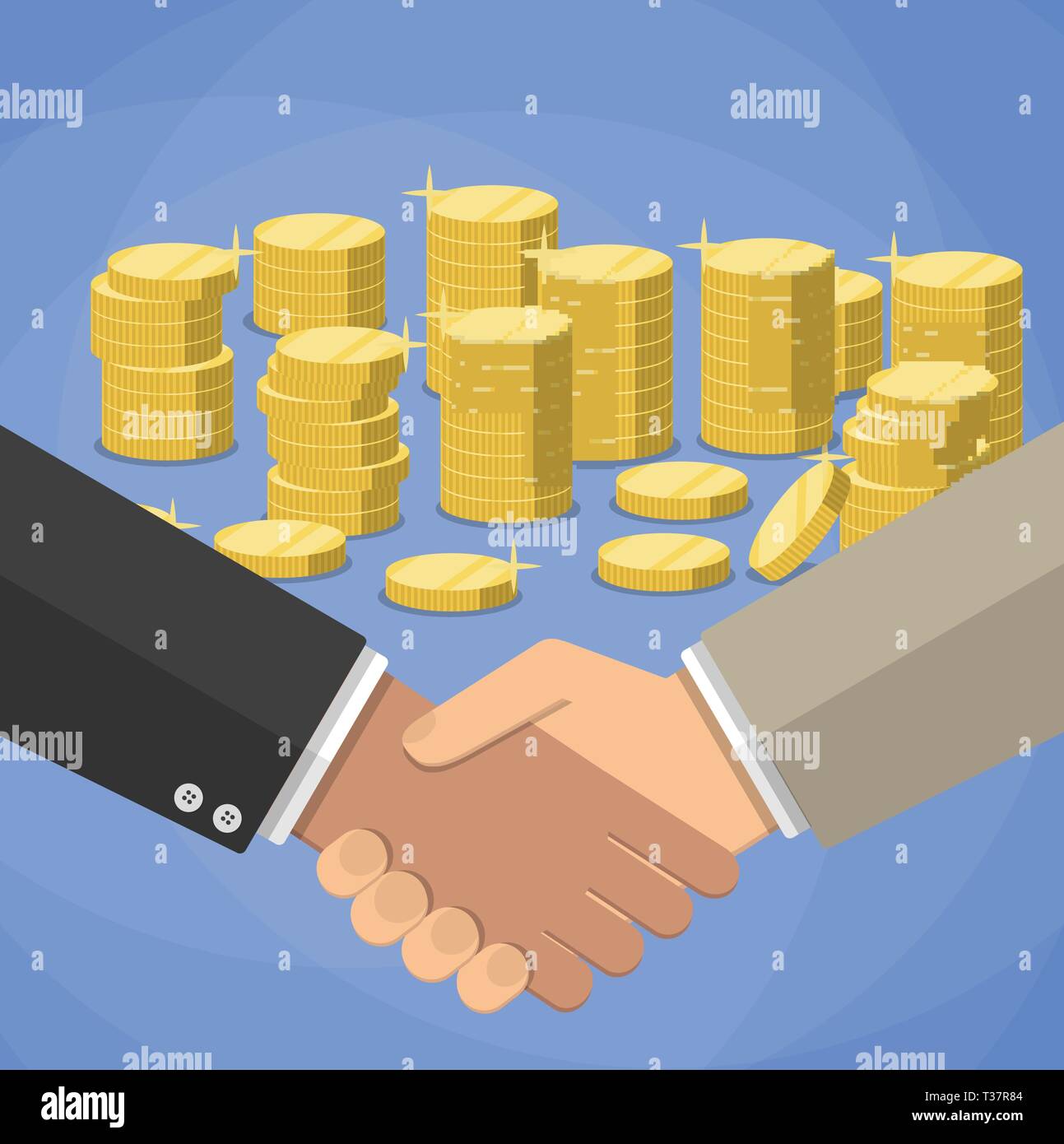 cartoon businessmen handshake at blue background with gold coins stacks ...