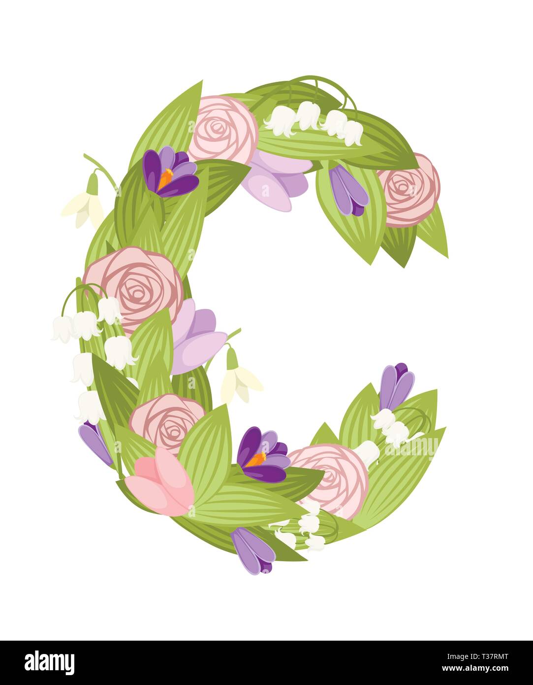 C letter. Cartoon flower font design. Letter with flowers and leaves ...