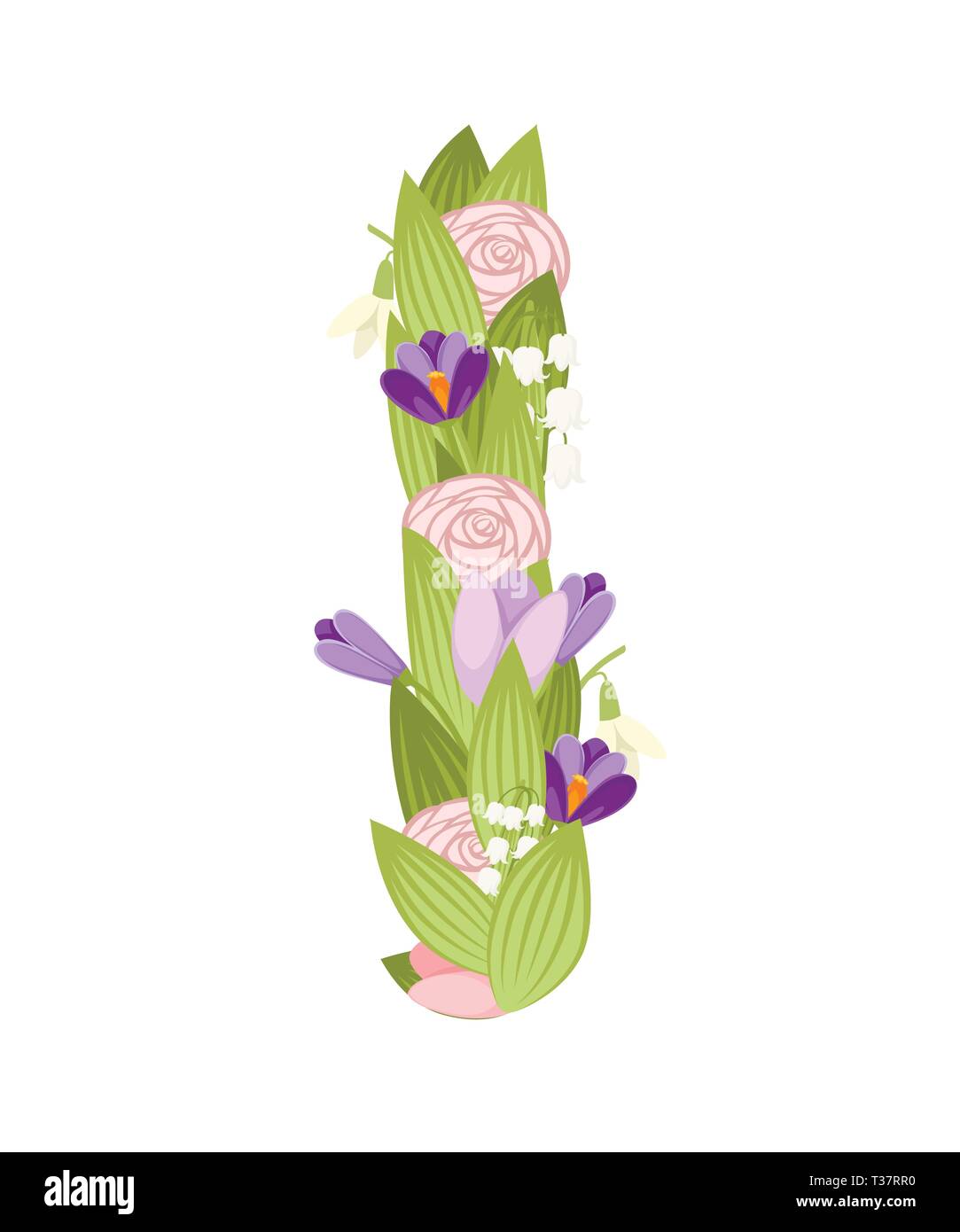 I letter. Cartoon flower font design. Letter with flowers and leaves ...