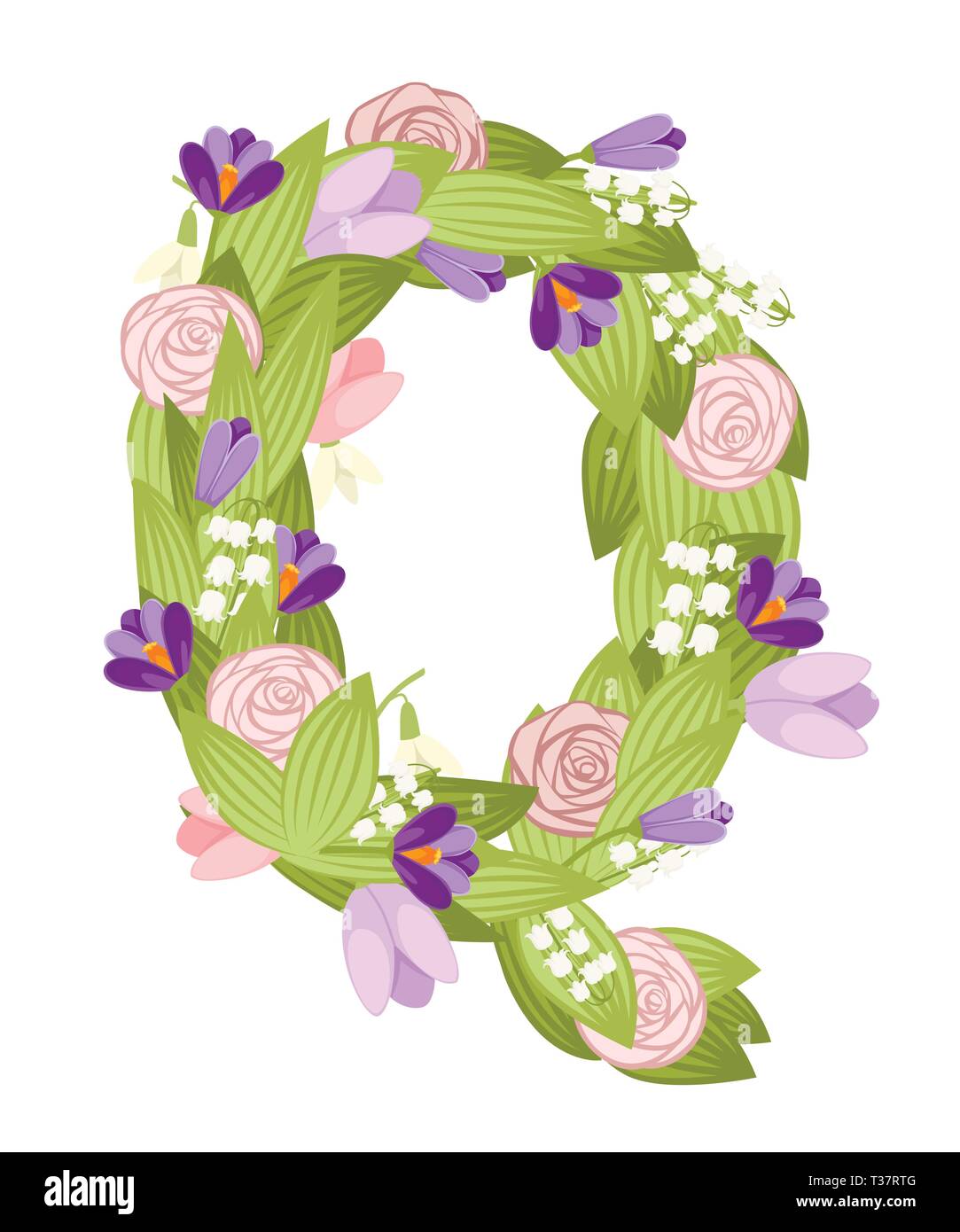 Q letter. Cartoon flower font design. Letter with flowers and leaves ...