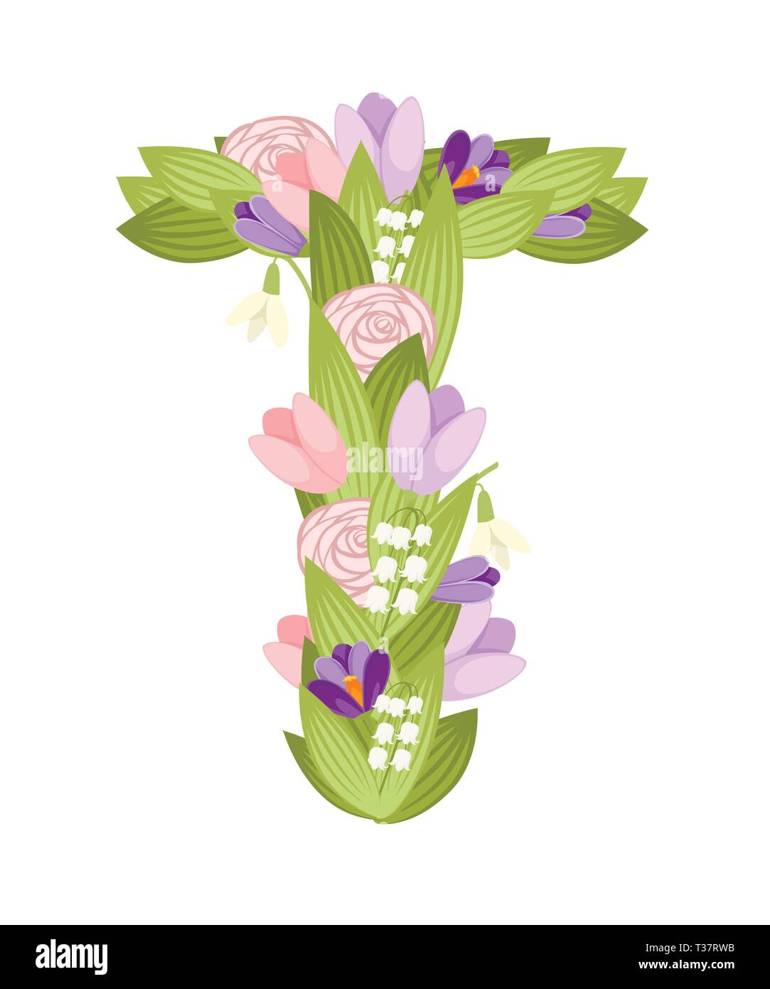 T letter. Cartoon flower font design. Letter with flowers and leaves ...