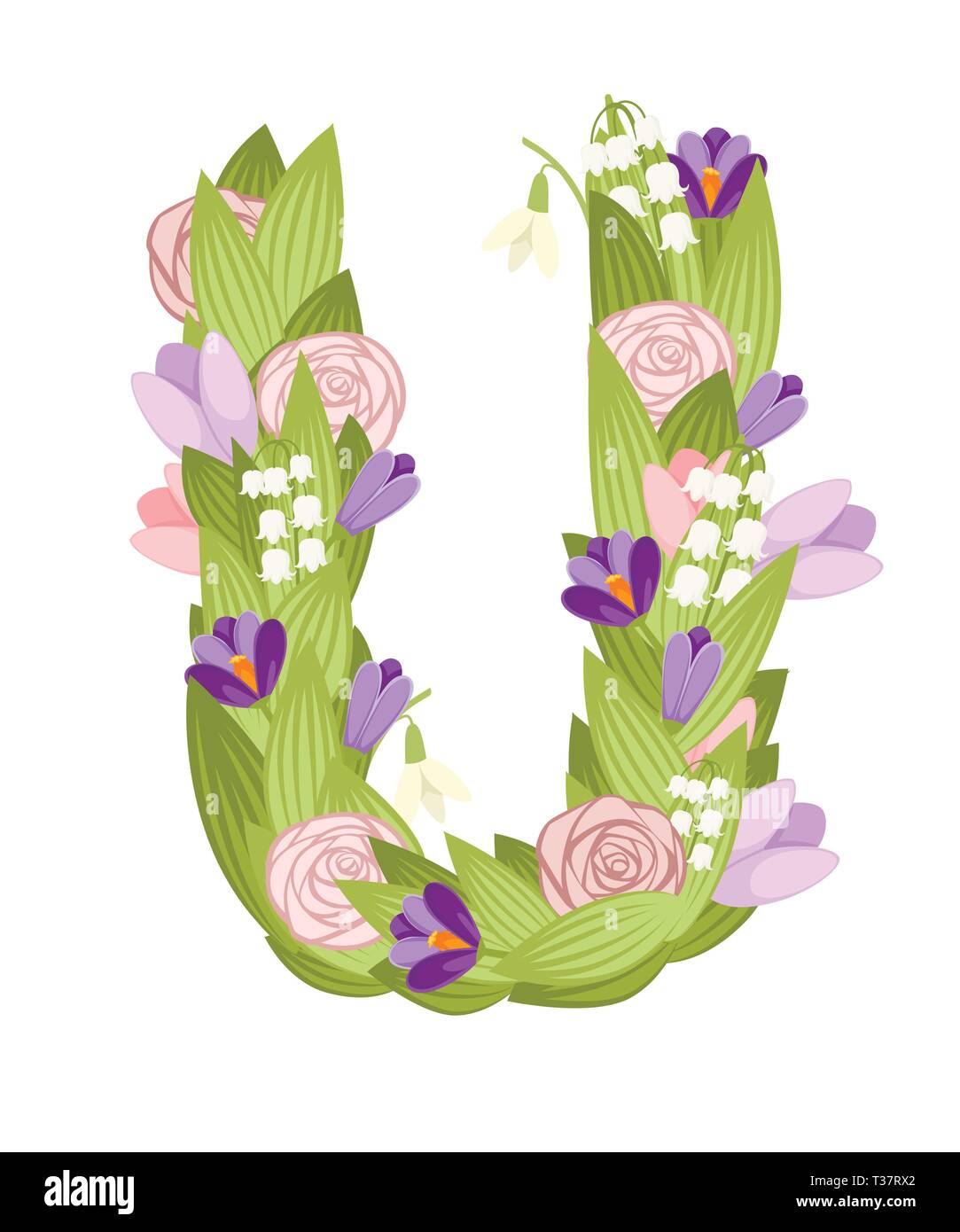 U letter. Cartoon flower font design. Letter with flowers and leaves ...