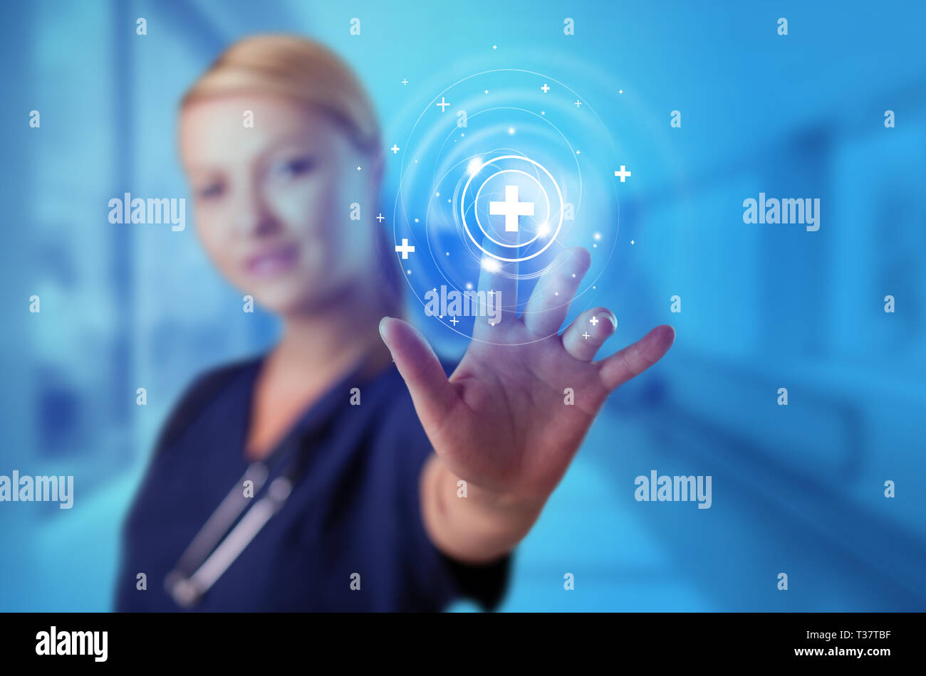 Doctor touching blue screen with call center concept Stock Photo - Alamy