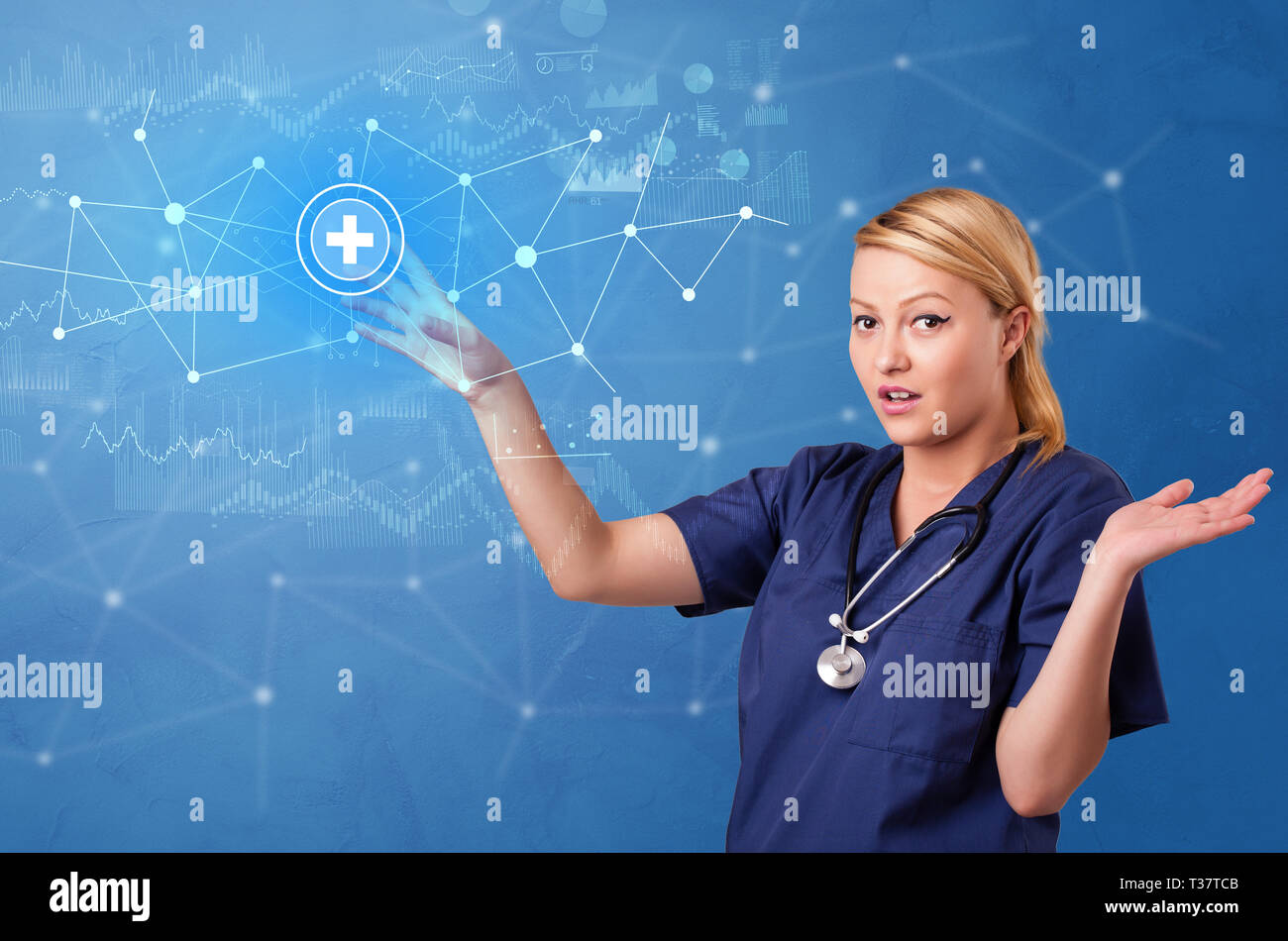 Doctor touching blue screen with virtual hospital concept Stock Photo ...