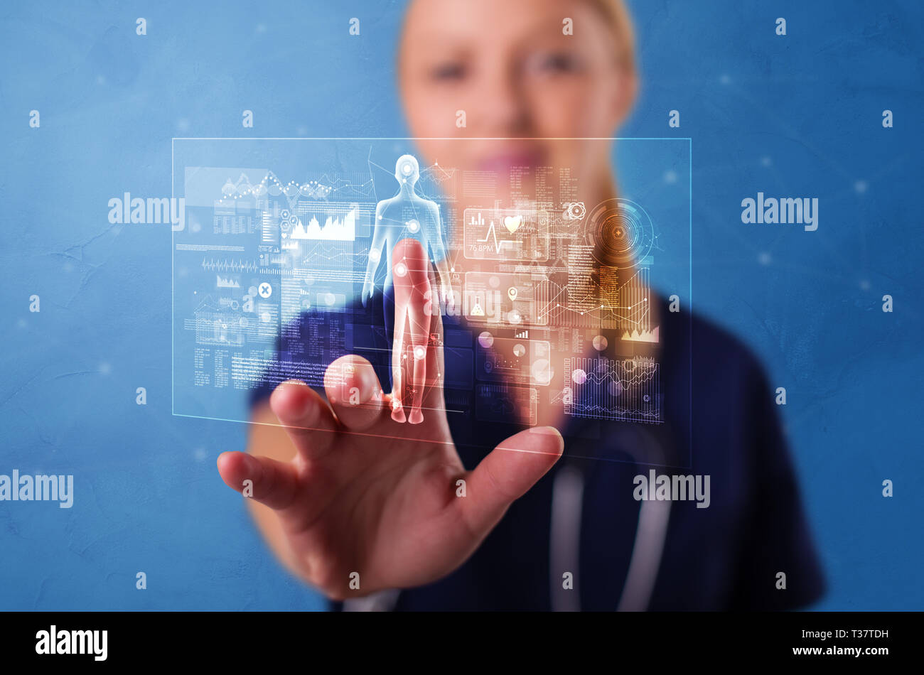 Doctor touching blue screen with full body analyze concept Stock Photo ...