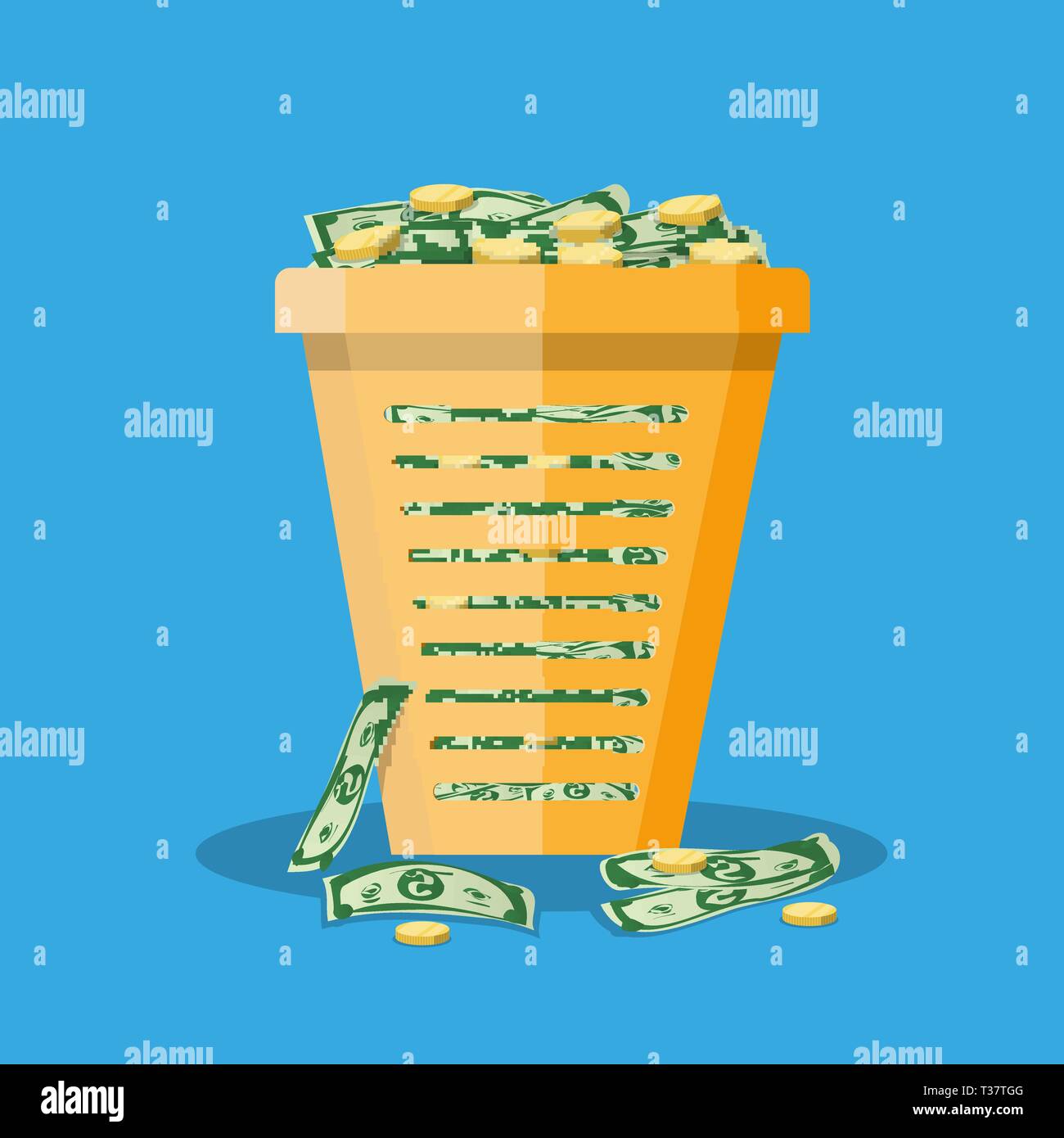 orange plastic office trash bin full of cash and gold coins. inflation ...