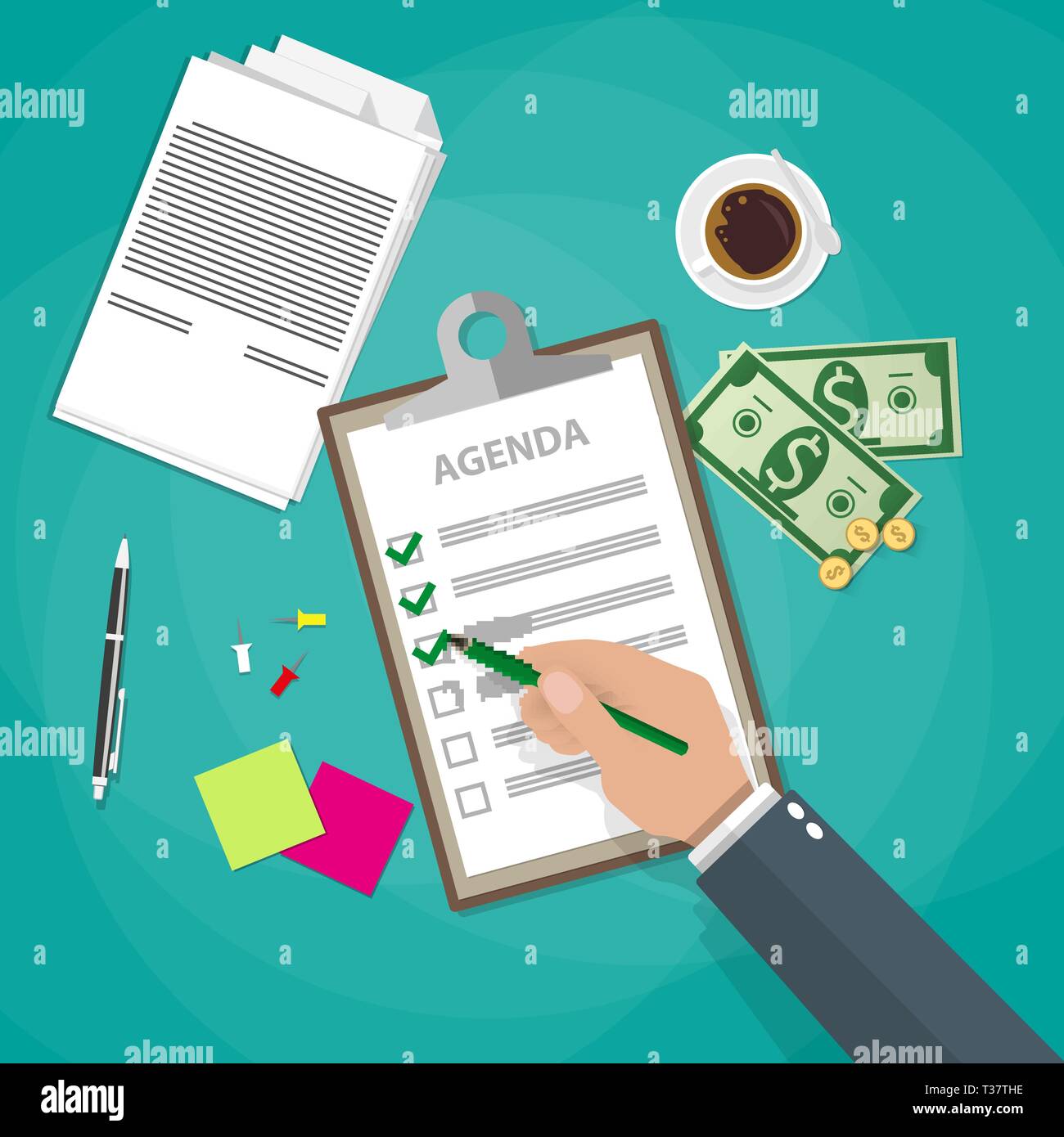 Cartoon businessman hand with pen and Agenda papers in clipboard ...