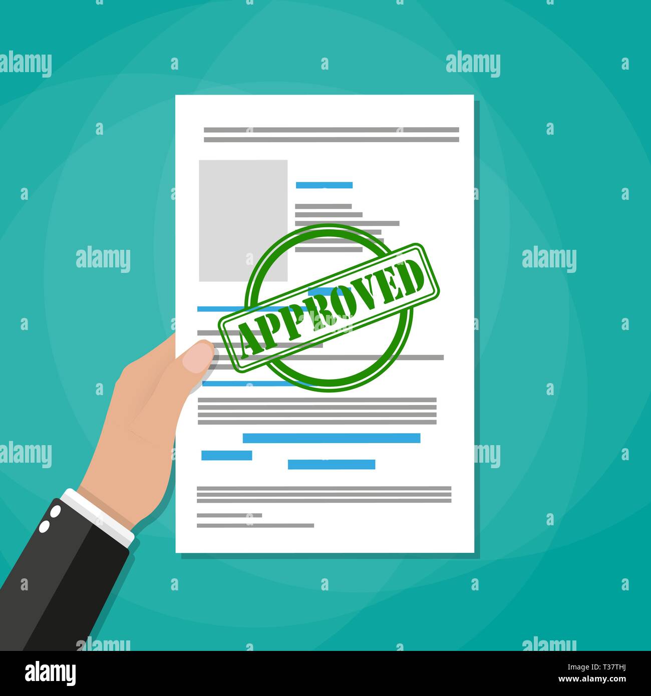 Hand holds approved paper document, green approved stamp. Vector flat ...