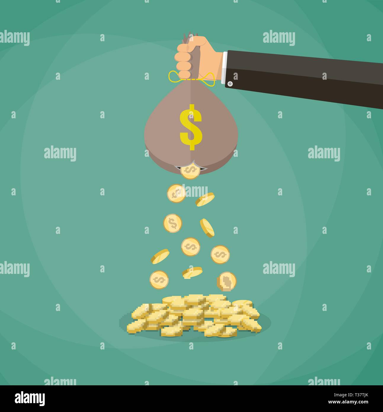 Cartoon businessman hand holding money bag and losing golden coins that ...