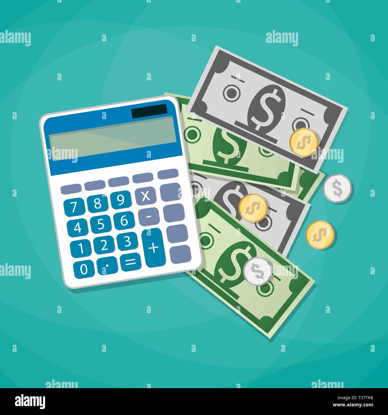 Calculator and dollars cash with coins. calculating costs, investment ...