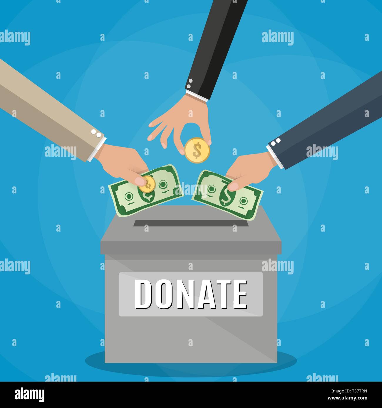 Human hands putting gold coin and dollar cash in silver donation box on ...