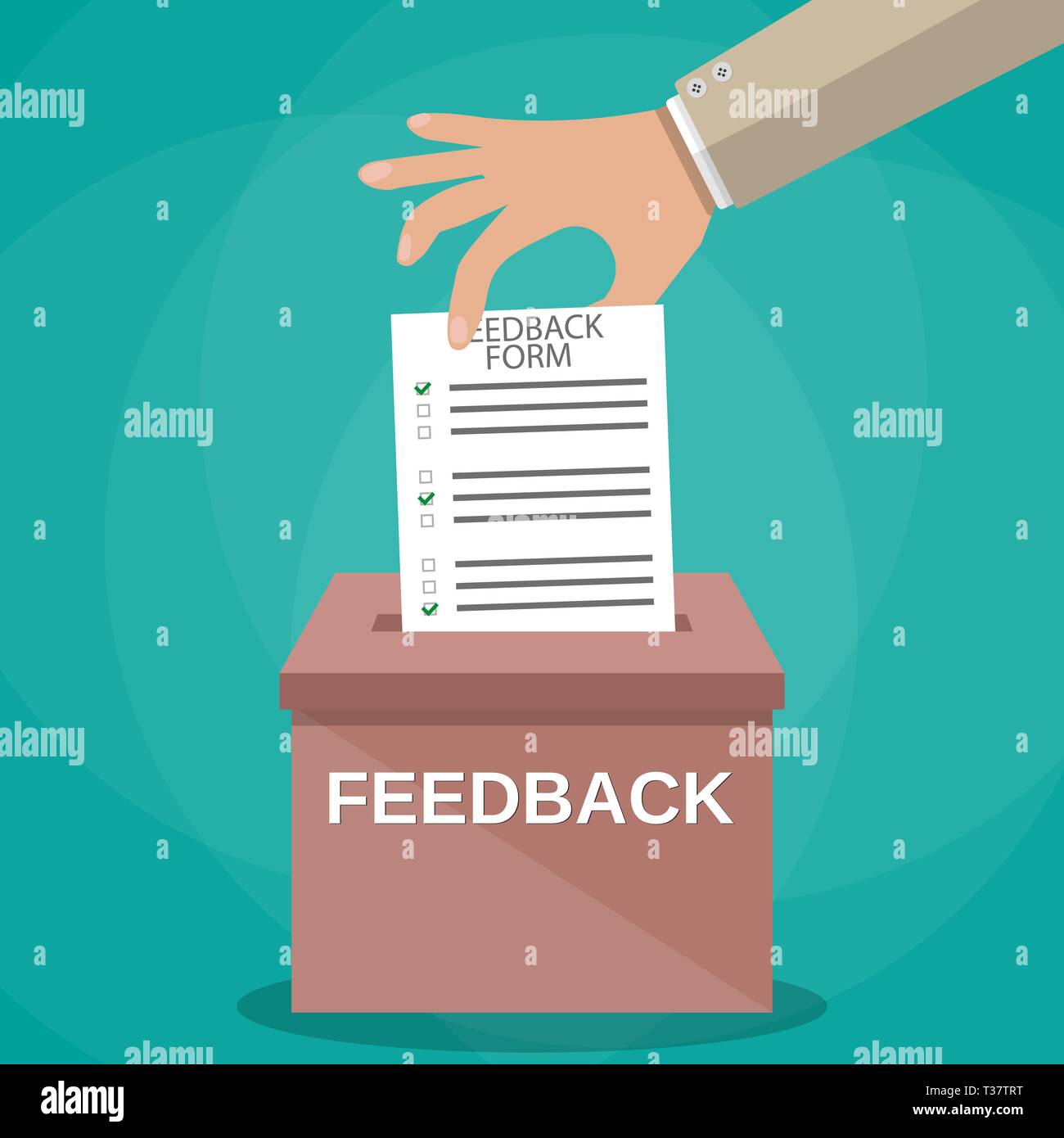 Hand putting feedback form paper in the feedback box. vote. feedback ...