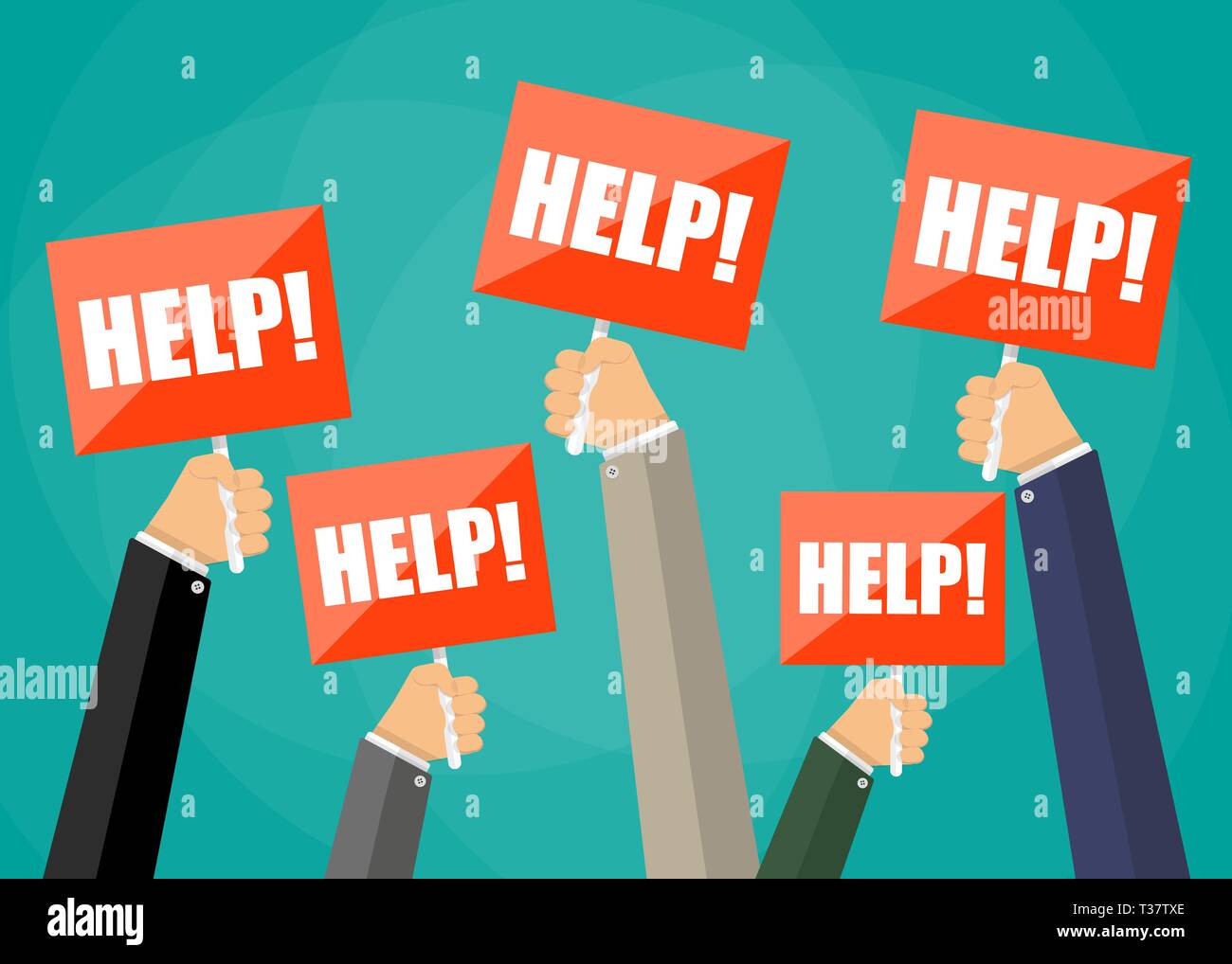 Five cartoon businessmens hands holding red sign boards with the word ...