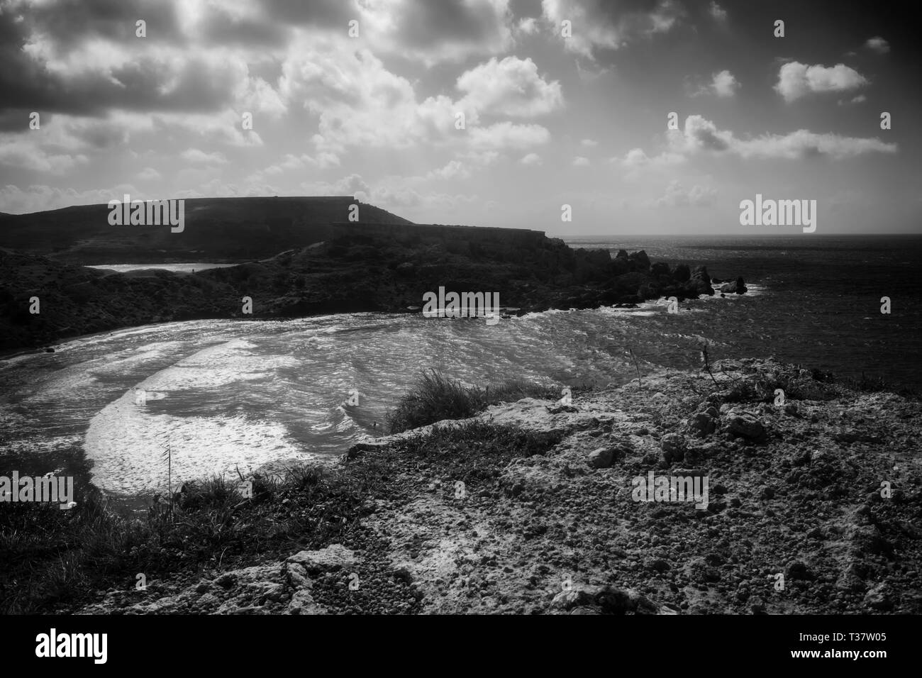 Apple's Eye Beach in Malta in black and white. An Aerial View of the ...