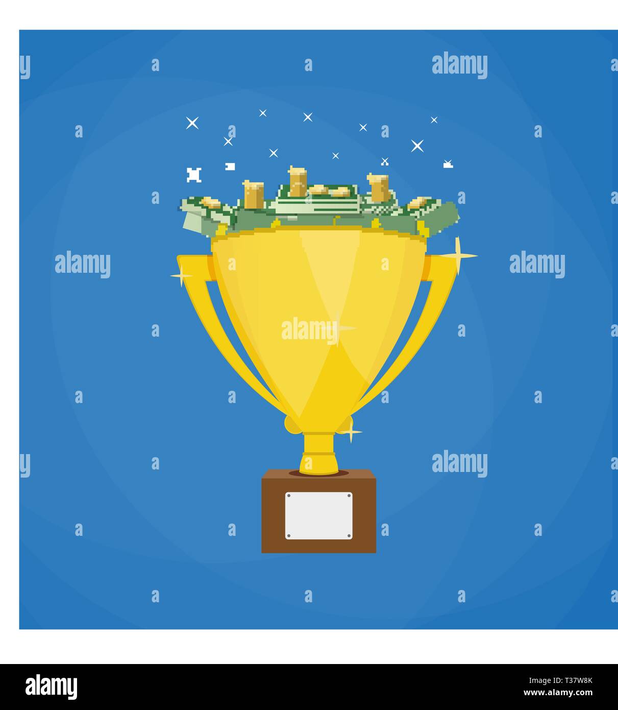 Golden winners trophy full of Dollar banknotes and coins. Business or ...