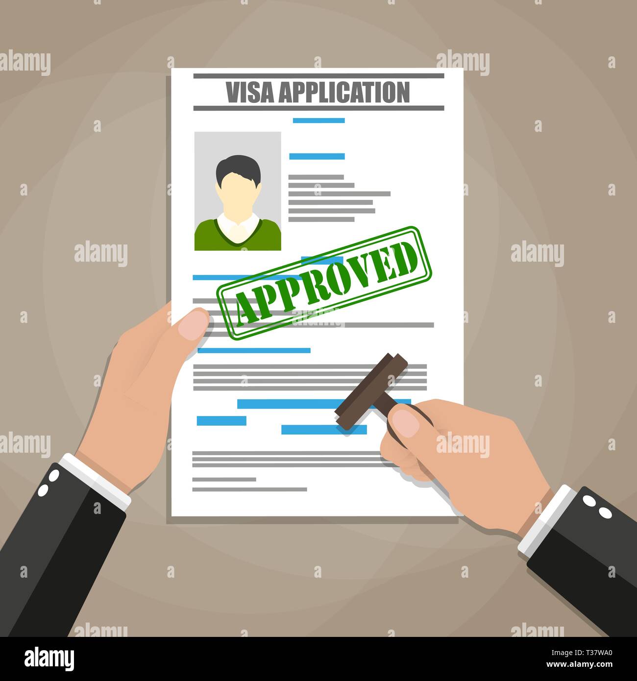 hand puts a stamp in the visa application form with a mark approved ...