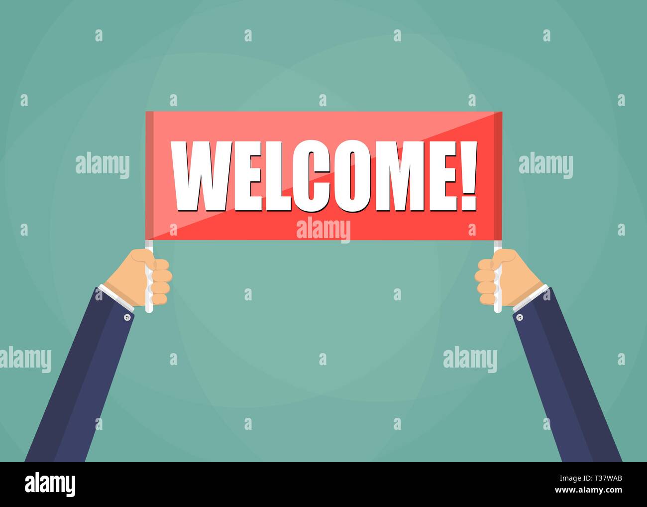 Human hands holding red plate with word Welcome, vector in flat style ...
