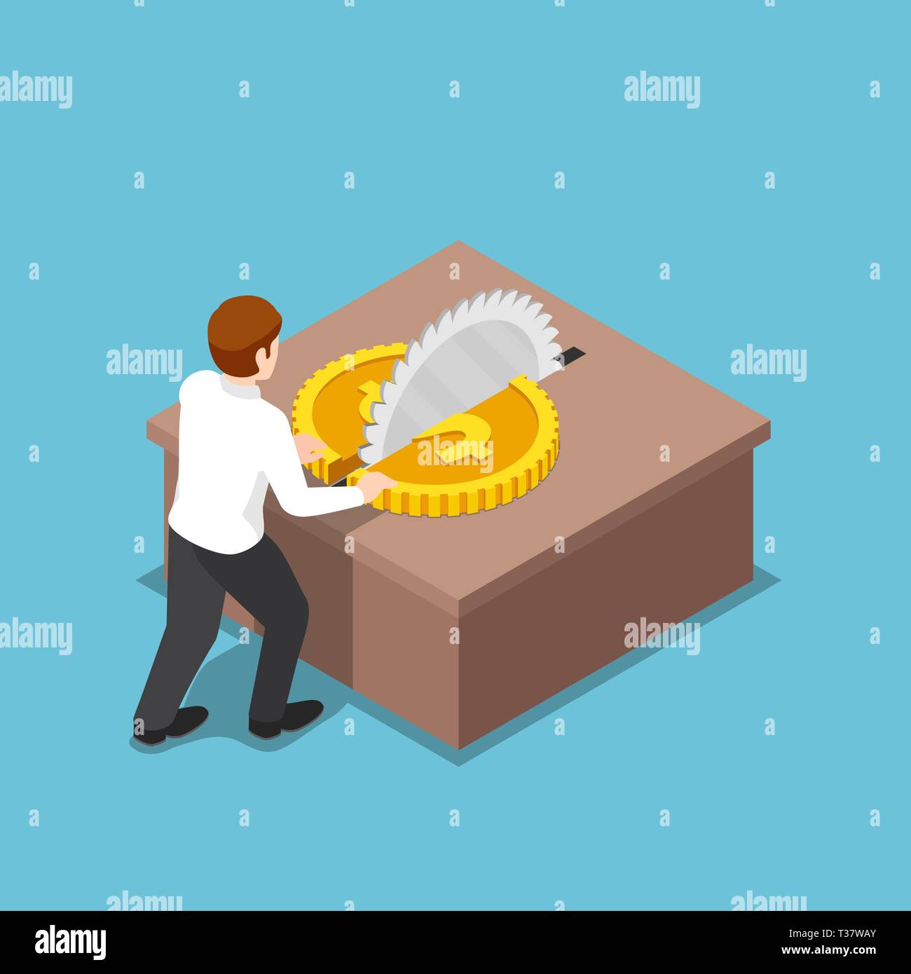 Flat 3d isometric businessman cut a coin in half on table saw. Expense reduction and cost ...