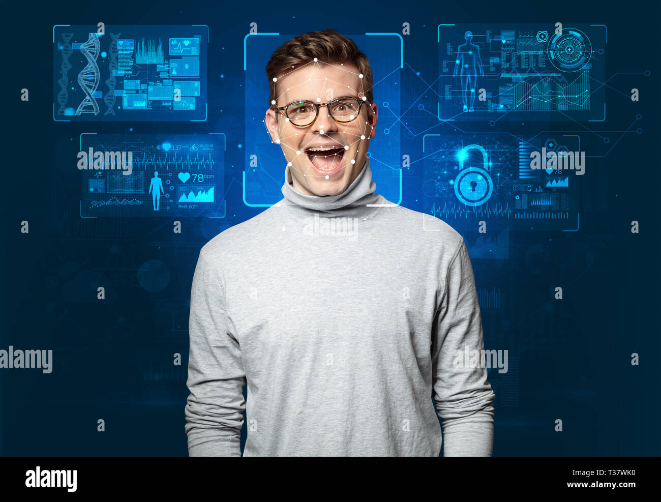 Biometric verification - young man face recognition Stock Photo - Alamy