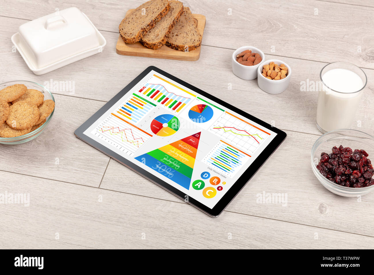healthy eating concept - close up of tablet with several dieting ...