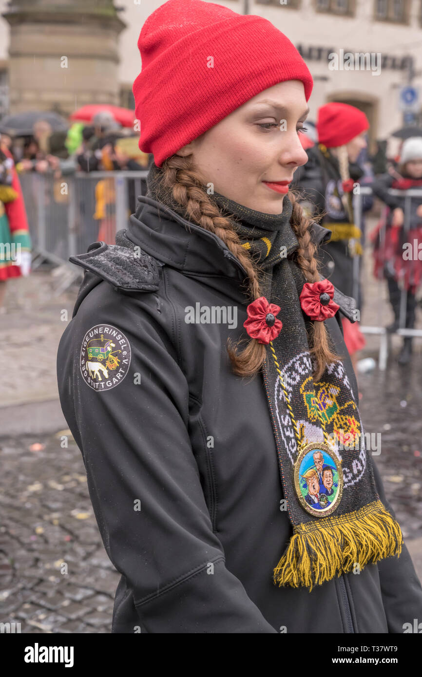 STUTTGART, GERMANY - MARCH 5: close up of nice young majorette marching ...