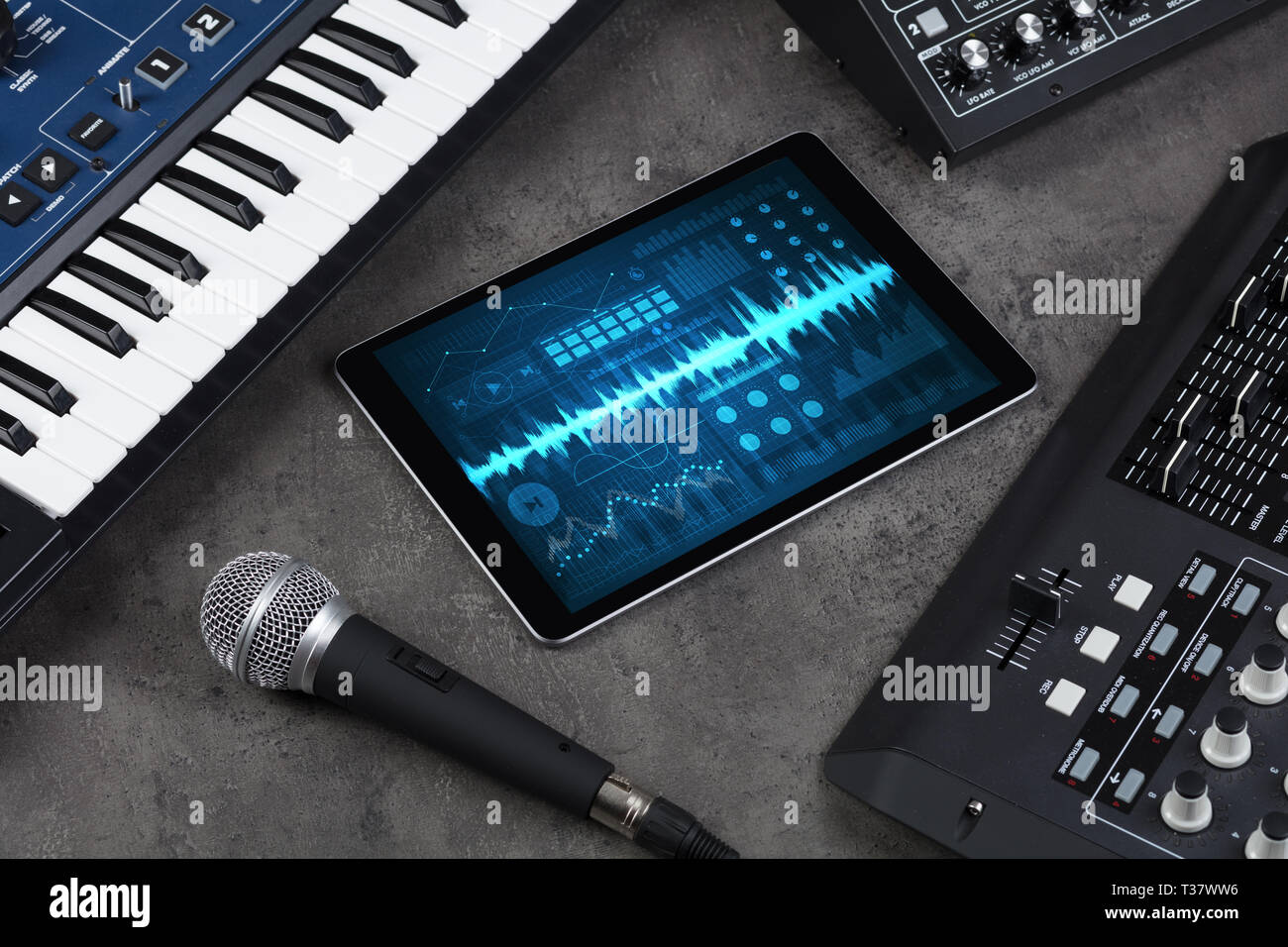 Music instruments and tablet with recording sound concept Stock Photo ...