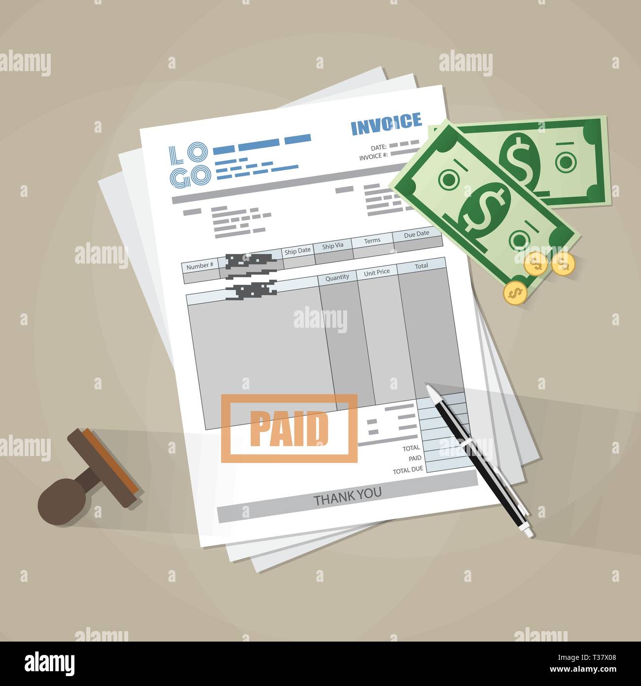 paper invoice form, paid stamp, pen, cash money and coins. tax. receipt ...