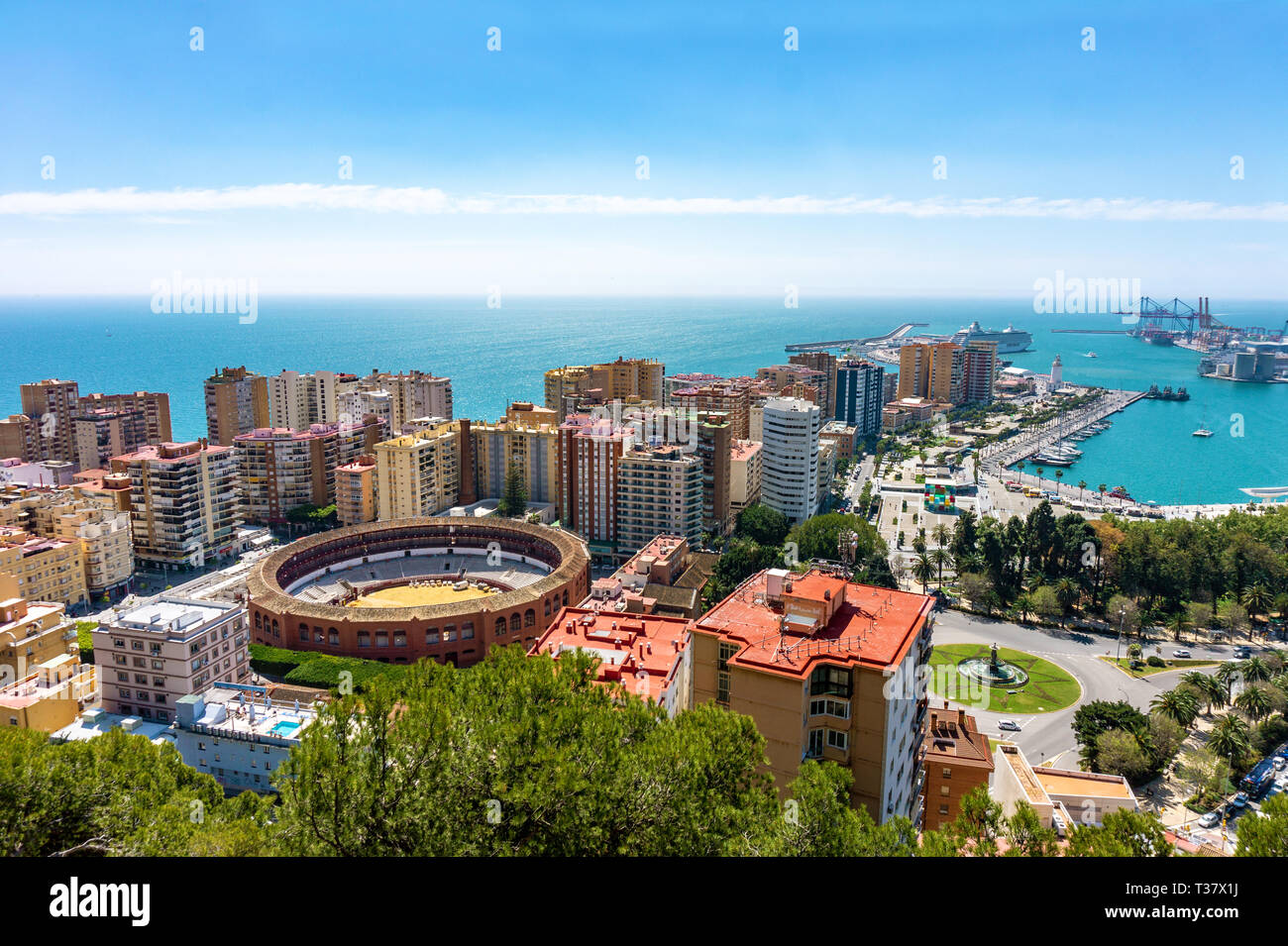 Aerial panoramic view of Malaga city with the bullring, Andalusia ...