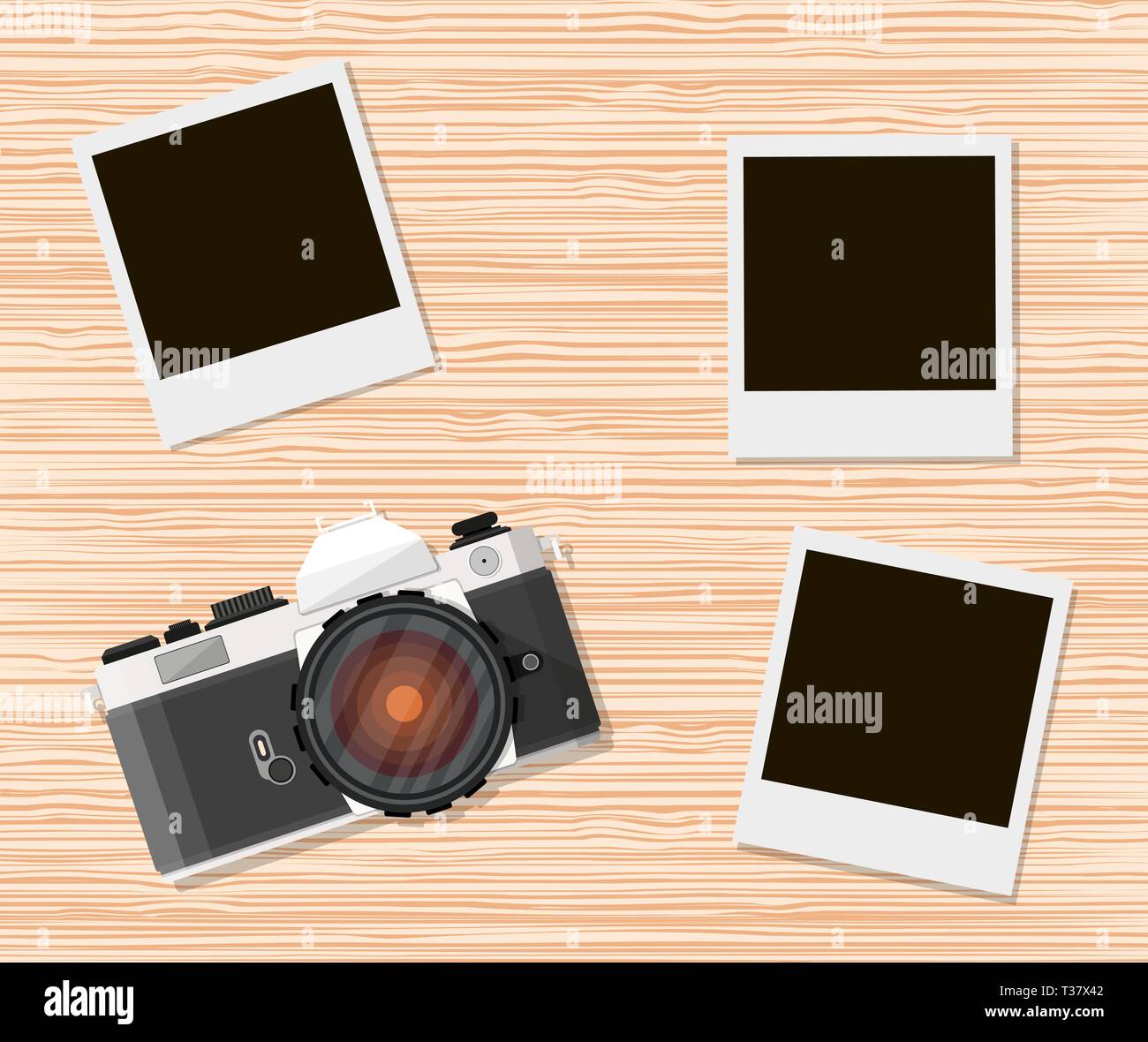 Retro old camera and instant photo frames on wooden background. vecor ...