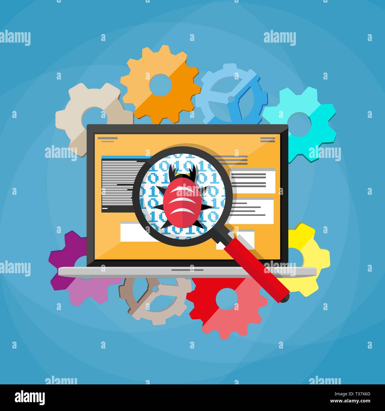 Bug And Virus In The Programming Code Notebook With Developers Applications Magnifying Glass