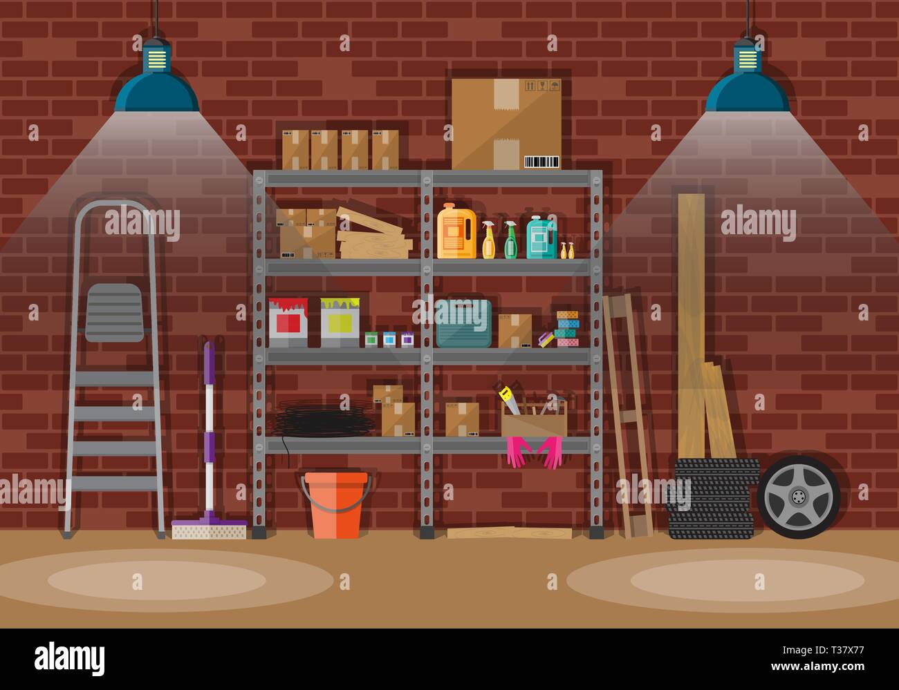 Interior of storeroom with metal shelves, storage, boxes, stair, wheels ...