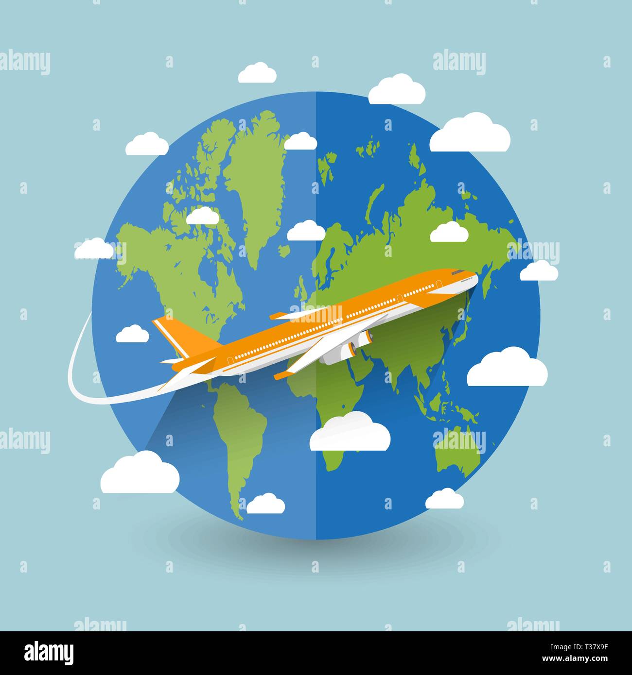 Travel concept. World map, airplane, clouds on blue background. vector ...