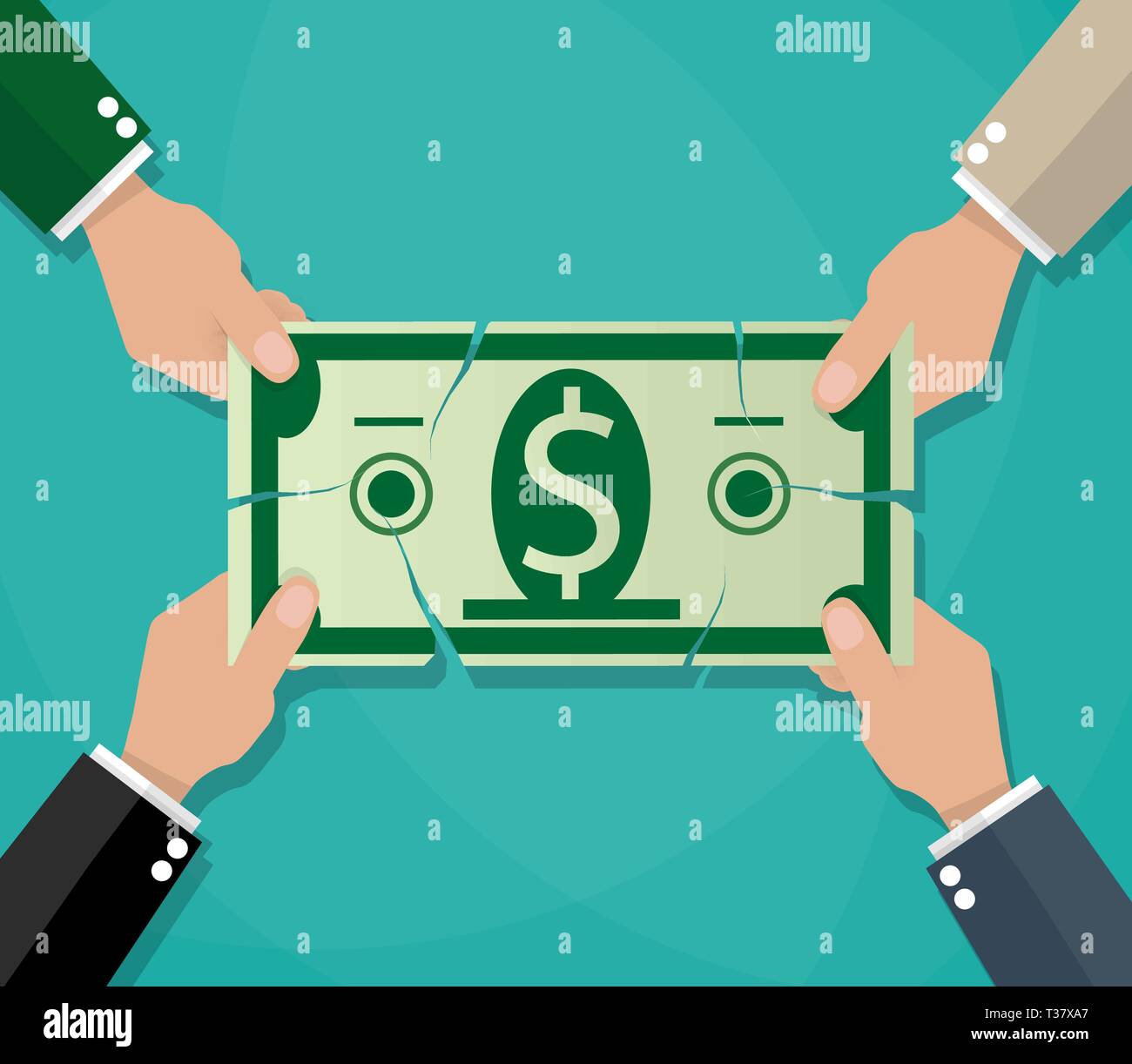 Businessman hands tearing dollar banknote, tug of war, business competition concept. vector ...