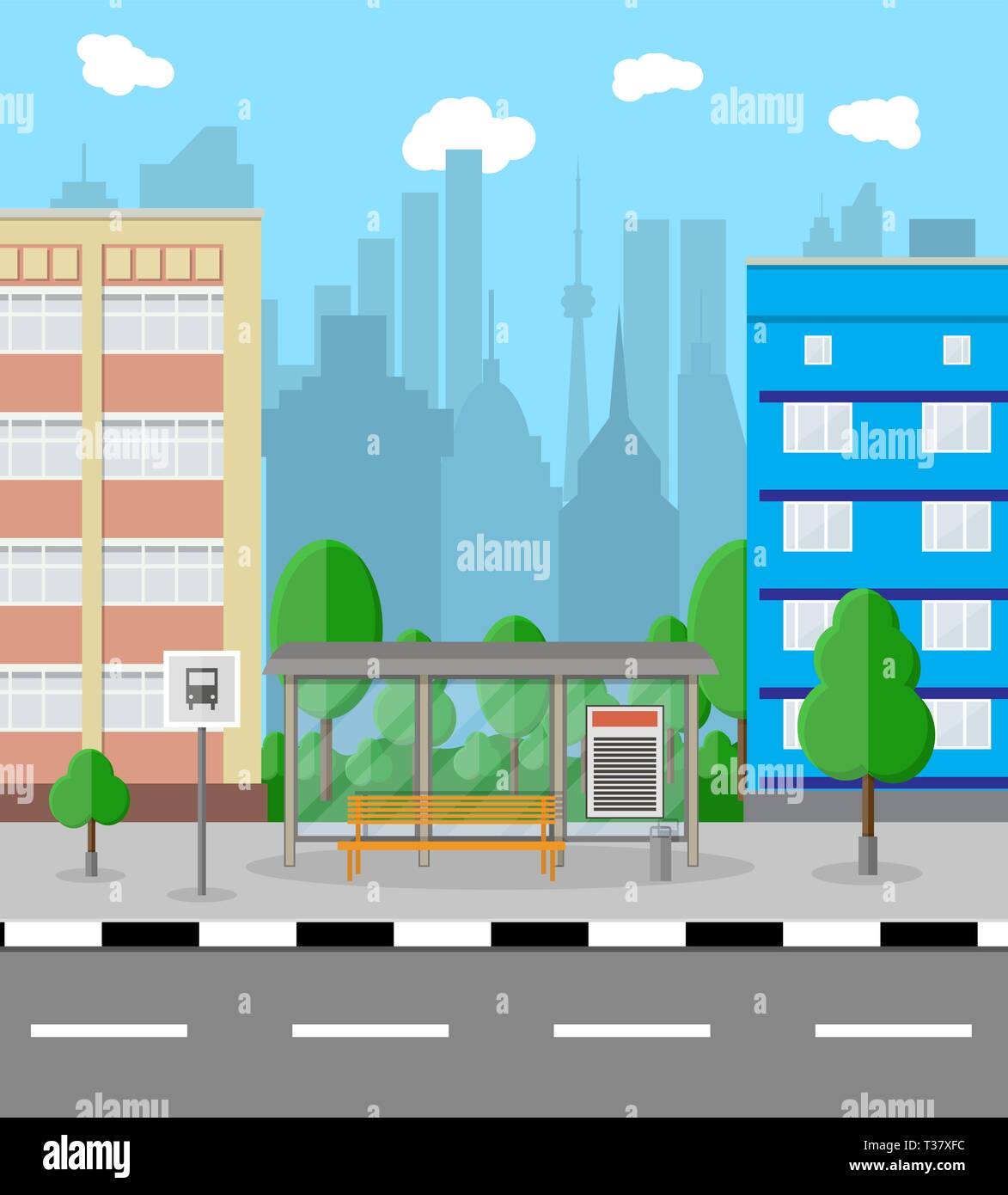 Bus stop with city background. road, trees, bus stop sign and trash bin ...